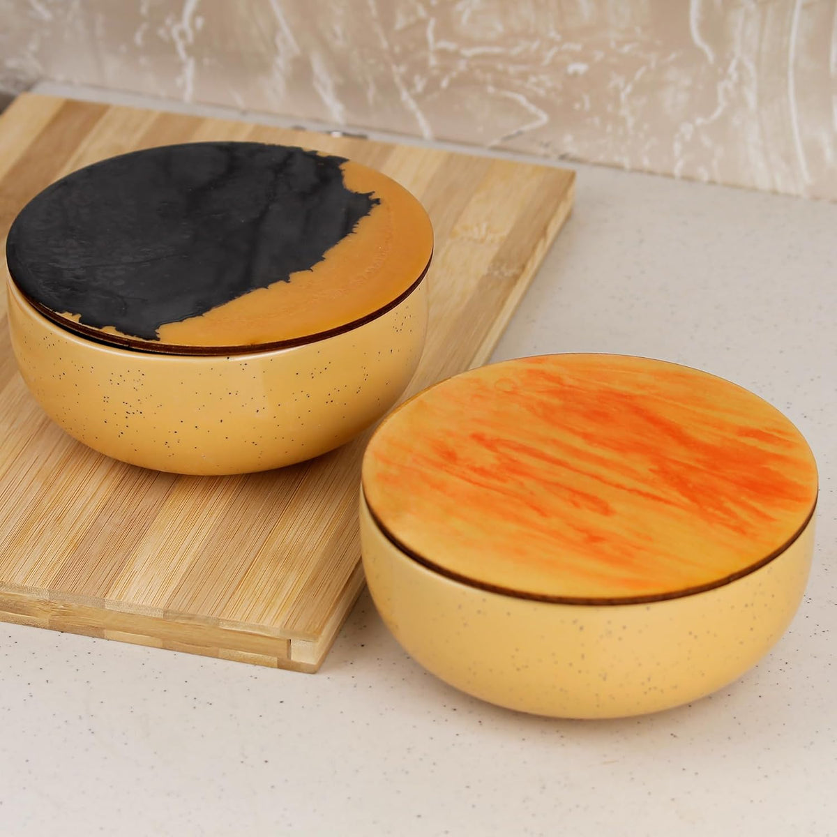 Mustard Marble Ceramic Bowl Lid Set of 2 Dishwasher Microwave Safe ...
