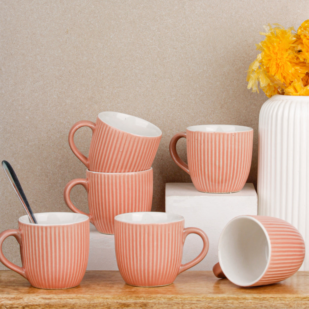 Peach Fringe Ceramic Tea Cup Set of 6, 220 ML Each, Microwave and Dish ...